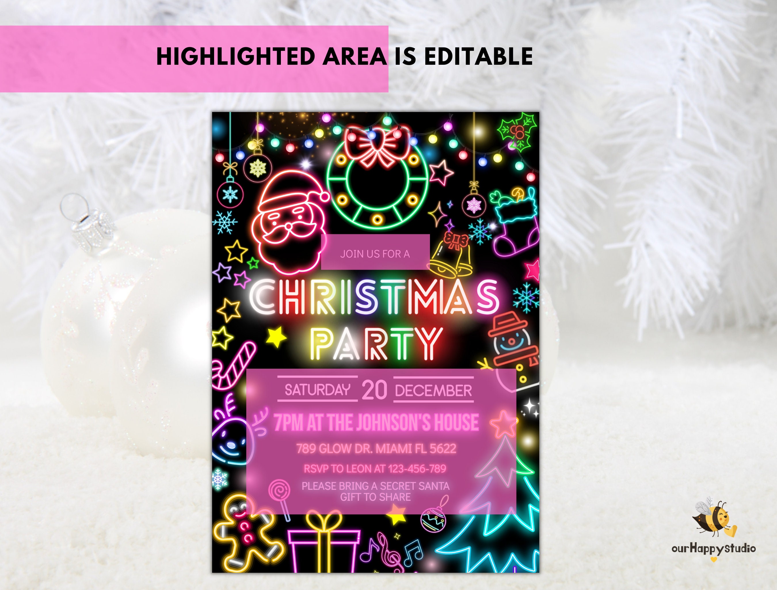 Editable Neon Christmas Party Invitation, Glow Christmas Party Invite ...
