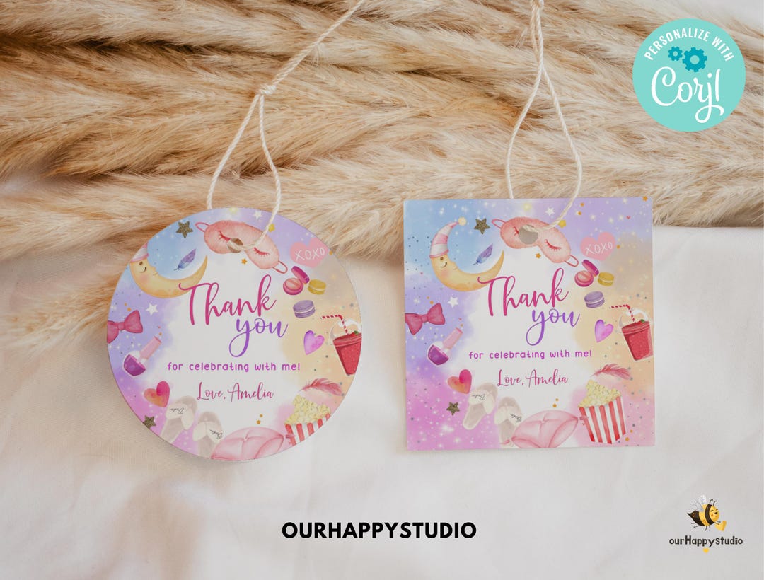 Editable Sleepover Thank You Tag Slumber Party Round Square Tag Pink ...