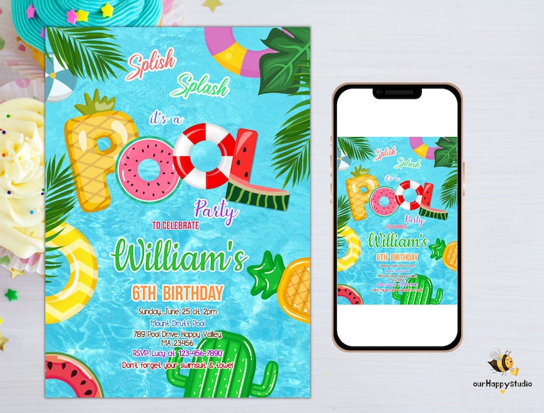 Editable Pool Party Birthday Invitation Tropical Splish Splash - Etsy