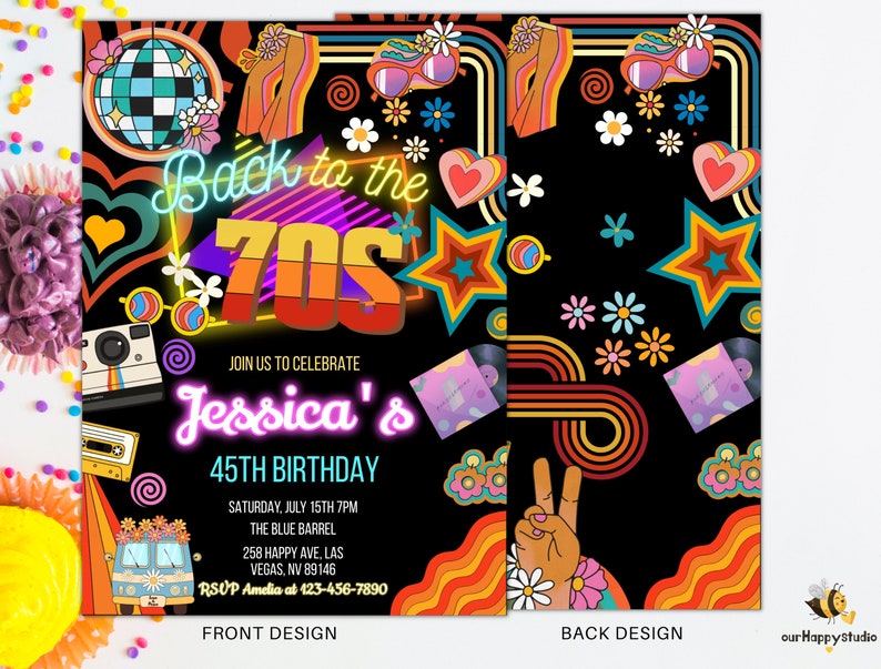 Editable 70s Birthday Party Invitation Back to the 70s Neon - Etsy