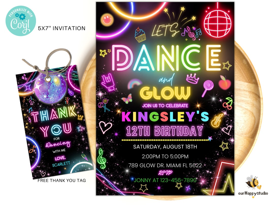 Editable Dance Party Birthday Invitation, Glow Gender Neutral Invites ...