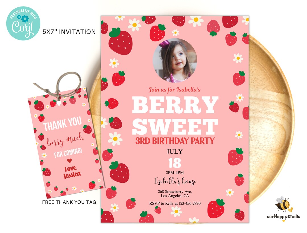 Editable Berry Sweet Birthday Invite With Photo Template, Strawberry ...