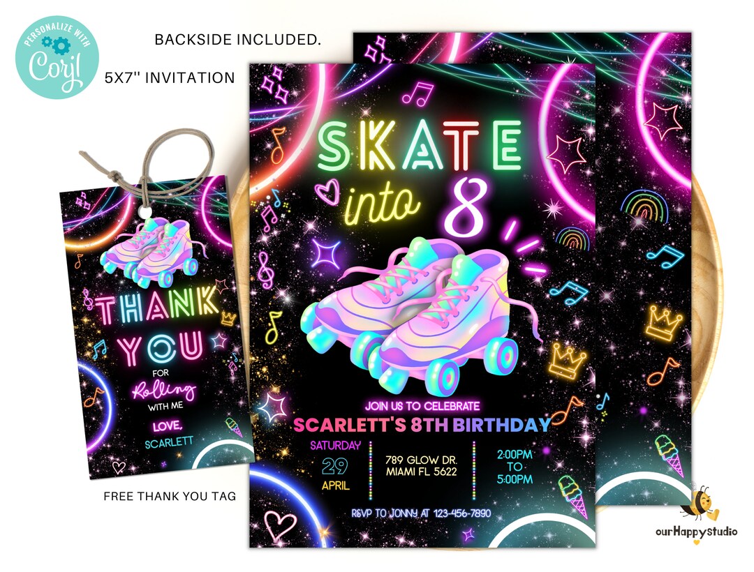 Editable Roller Skating Invitation Glow Party Birthday Invitation, Glow ...