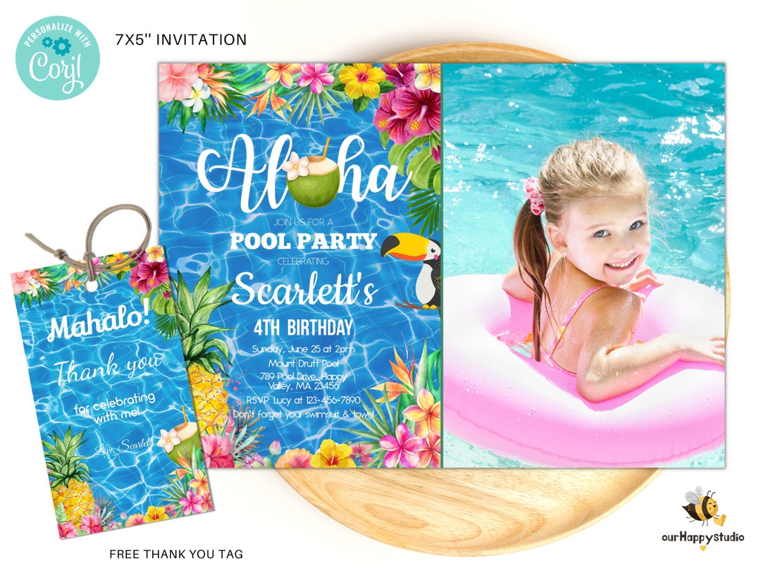 Editable Aloha Pool Party Invitation With Photo, Hawaiian Birthday ...