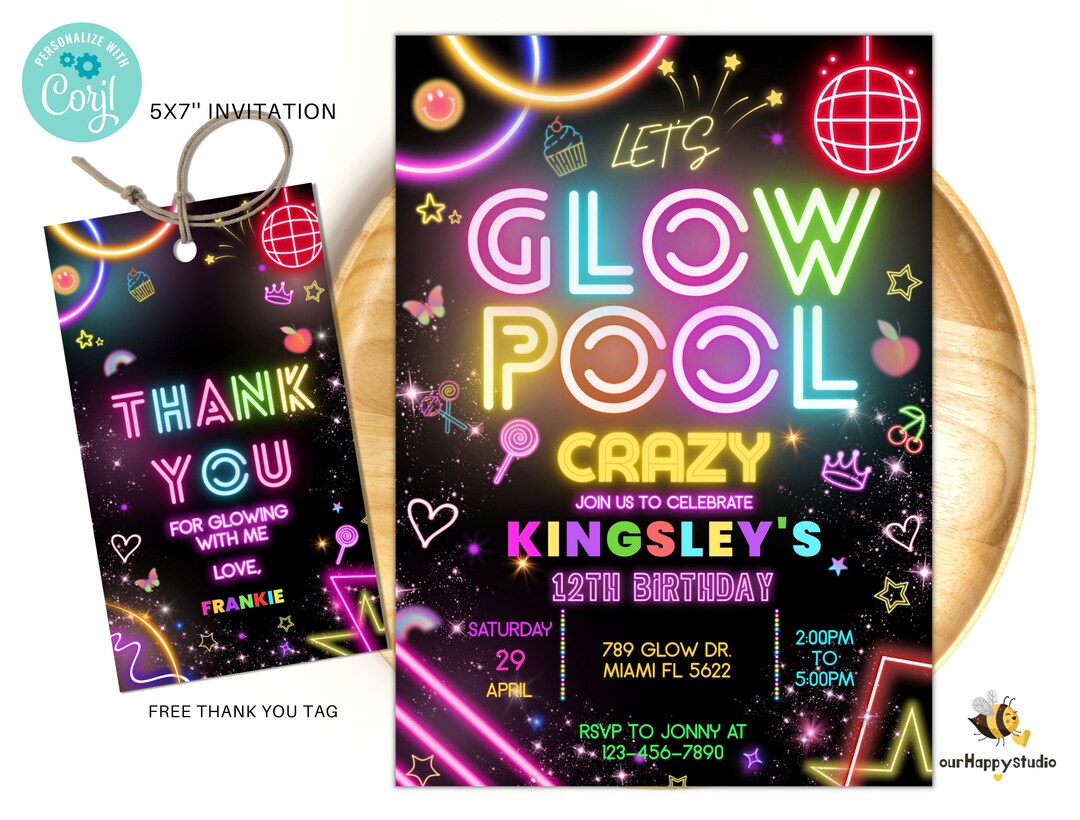 Editable Glow Pool Birthday Invitation, Gender Neutral Neon Party ...