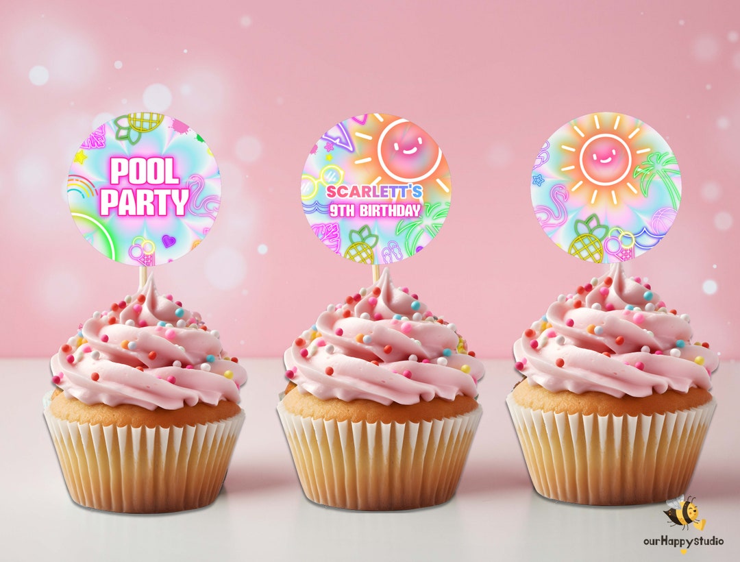 Editable Pool Party Birthday Cupcake Toppers, Summer Birthday Decor ...