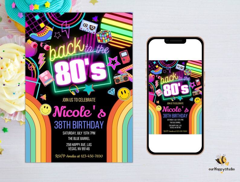 Editable 80s Birthday Party Invitation Back to the 80s Neon - Etsy