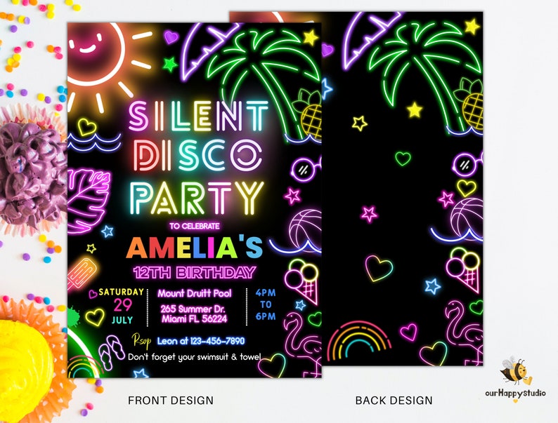 Editable Silent Disco Party Invitation, Glow Invite, Neon Disco Party ...