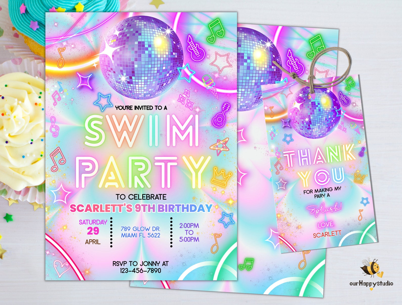Editable Neon Swim Party Invitation, Disco Tie Dye, Pool Birthday ...