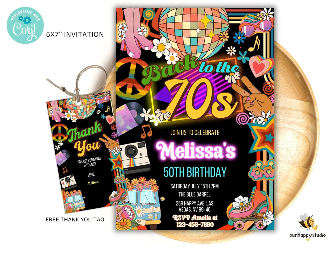 Editable 70s Birthday Party Invitation Back to the 70s Neon Party Glow ...