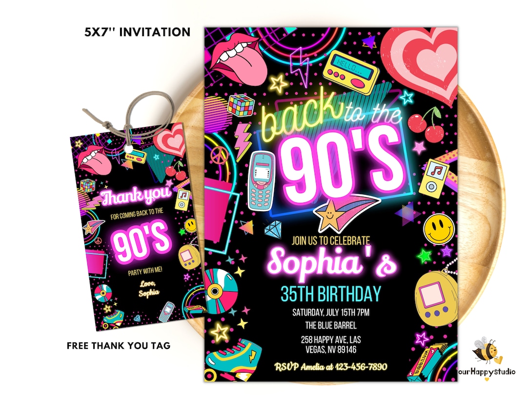 Editable 90s Birthday Party Invitation Back to the 90s Neon Party Glow ...