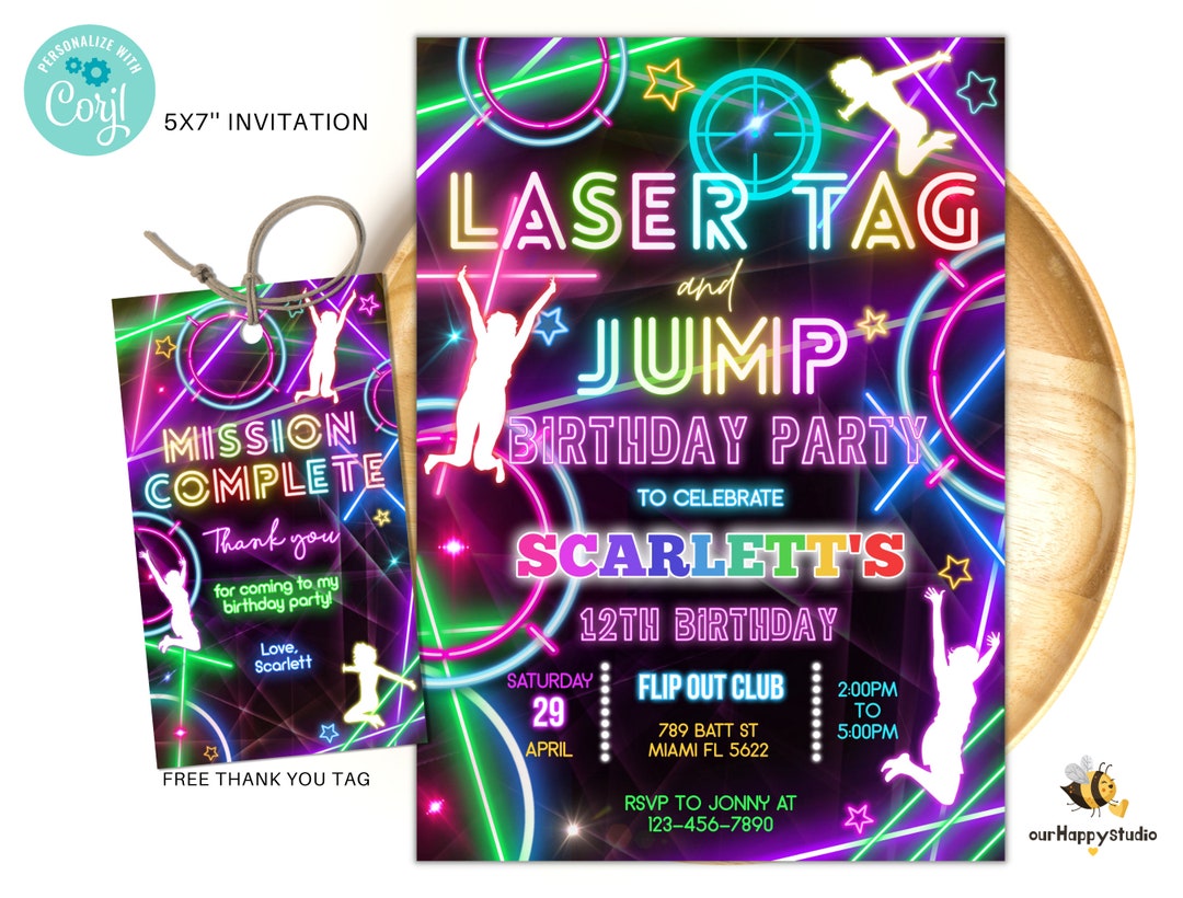 Editable Jump Party Birthday Invitation Laser Tag Party Neutral Invites ...