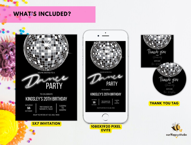 Editable Minimalist Dance Party Birthday Invitation, Disco Gender ...
