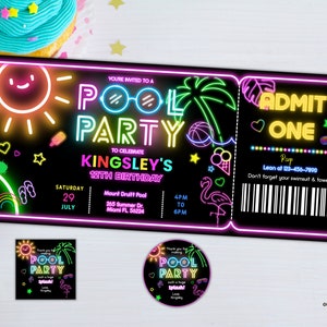 Editable Pool Party Ticket Invitation, Glow Water Park Ticket, Tropical ...