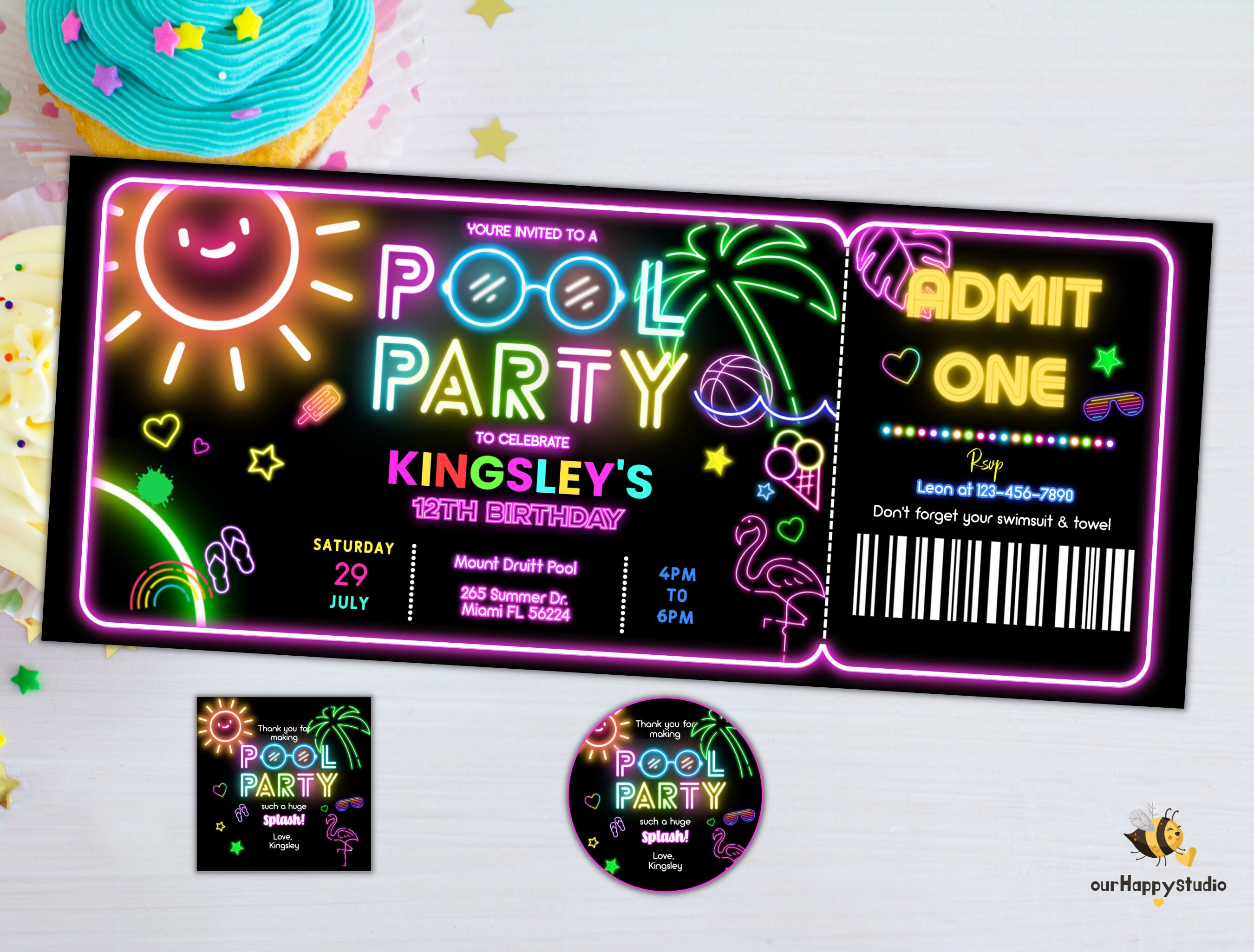 Editable Pool Party Ticket Invitation Glow Water Park Ticket - Etsy UK