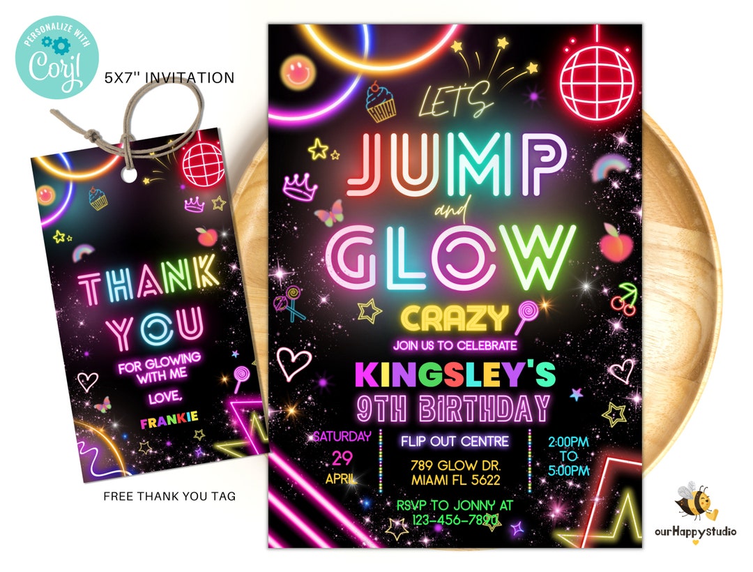 Editable Jump Party Birthday Invitation, Glow Trampoline Party Neutral ...