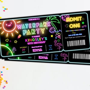 Editable Waterpark Party Ticket Invitation, Glow Pool Party Ticket ...