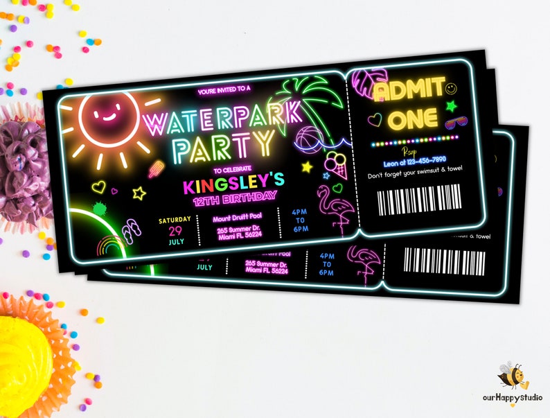 Editable Waterpark Party Ticket Invitation, Glow Pool Party Ticket ...