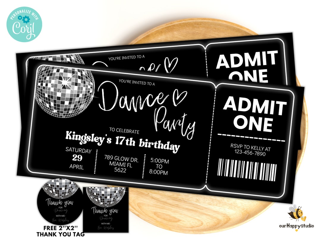Editable Minimalist Dance Party Birthday Invitation Ticket, Disco ...