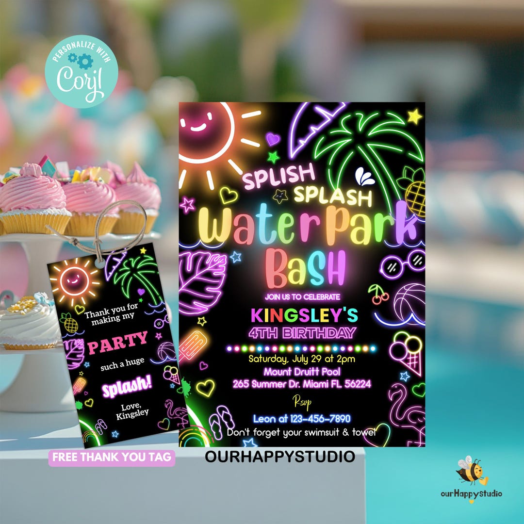 Editable Waterpark Birthday Invitation, Glow Aquapark, Waterslide Pool ...