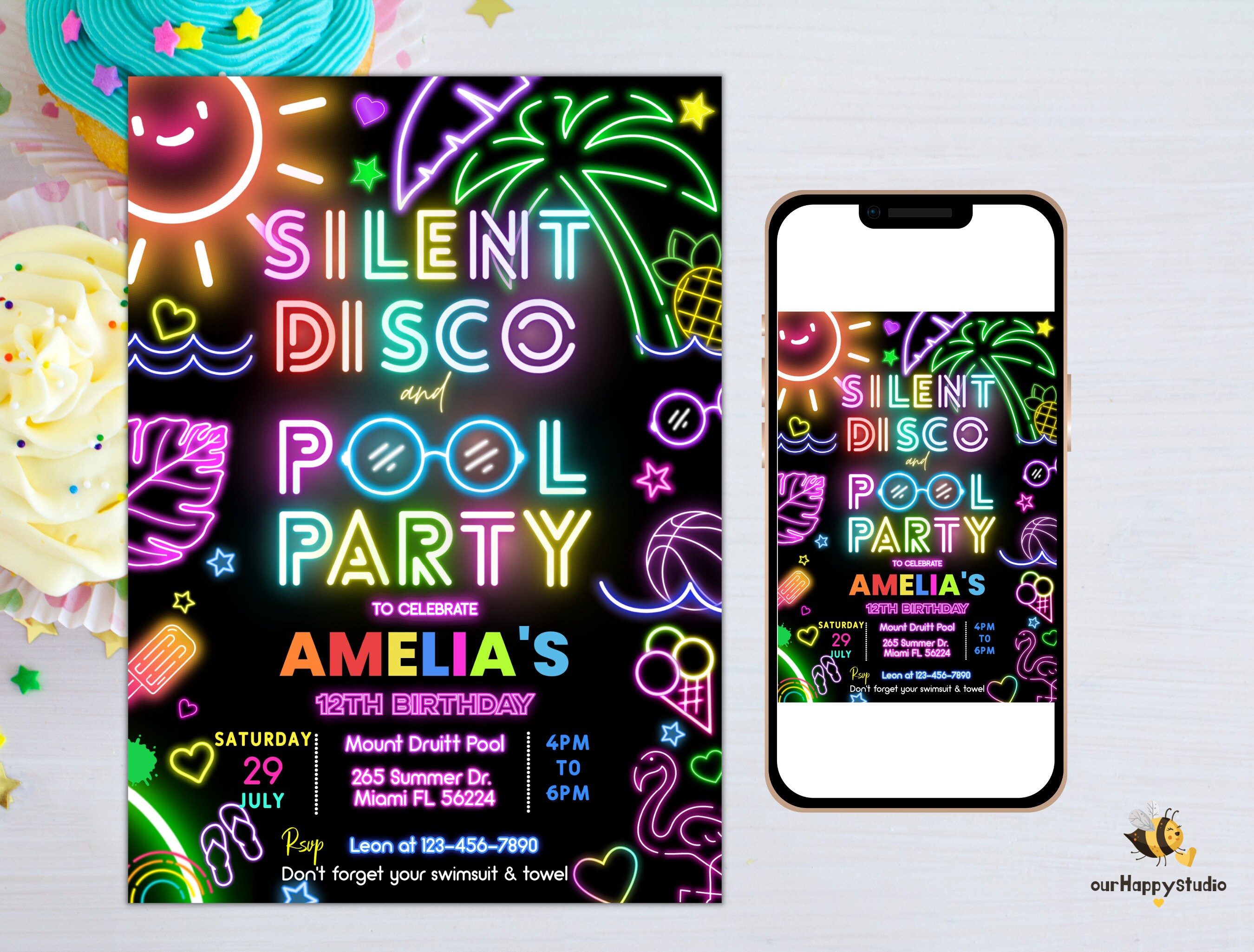 Editable Silent Disco Pool Party Invitation Glow Water Park - Etsy