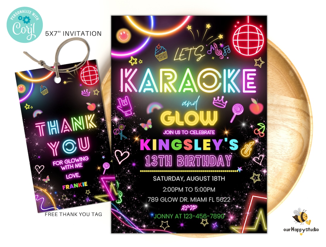Editable Karaoke Party Birthday Invitation, Glow Karaoke Birthday Party ...