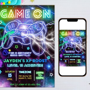 Editable Video Game Birthday Party Invitation Neon Boy Game Party Glow ...