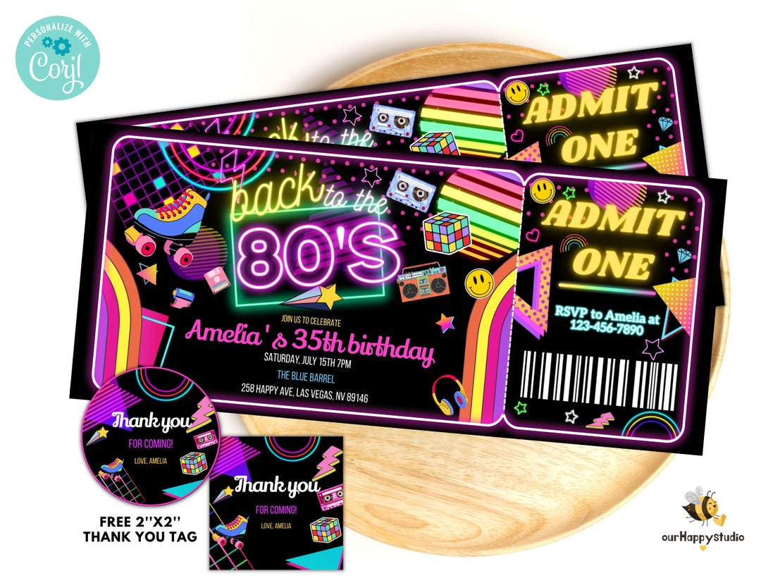 Editable 80s Birthday Party Invitation Ticket Back to the 80s Neon Party Glow Dance Disco 2000s ...