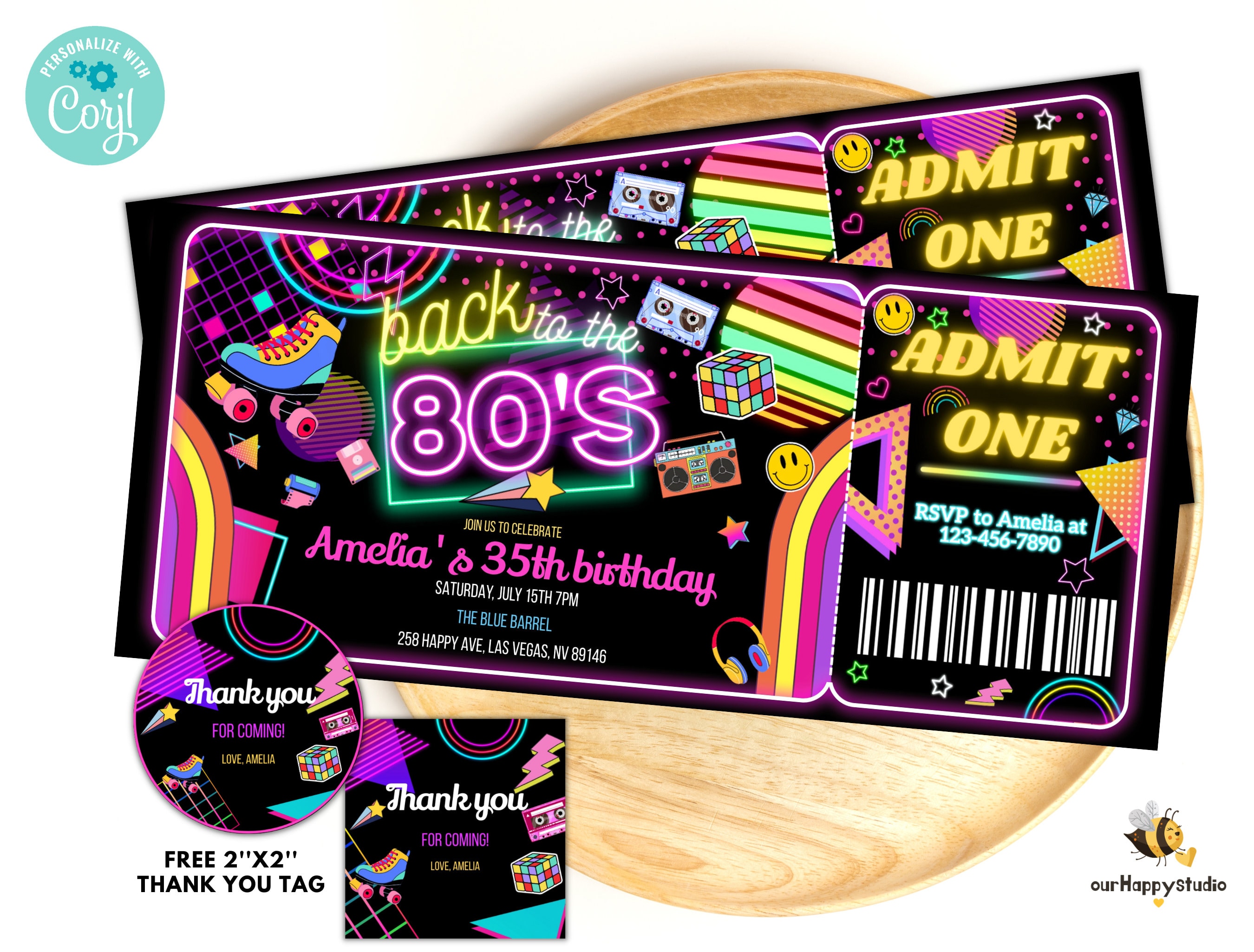 Editable 80s Birthday Party Invitation Ticket Back to the 80s Neon ...