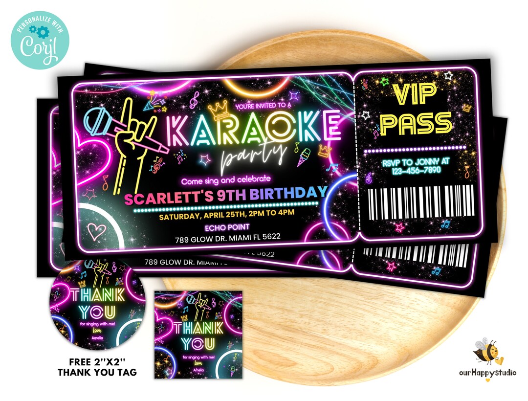 Editable Karaoke Party Birthday Invitation Tickets, Glow Karaoke ...