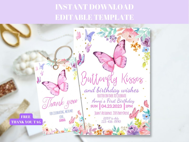 Editable Butterfly Birthday Invitation, Floral Butterfly, Butterfly ...