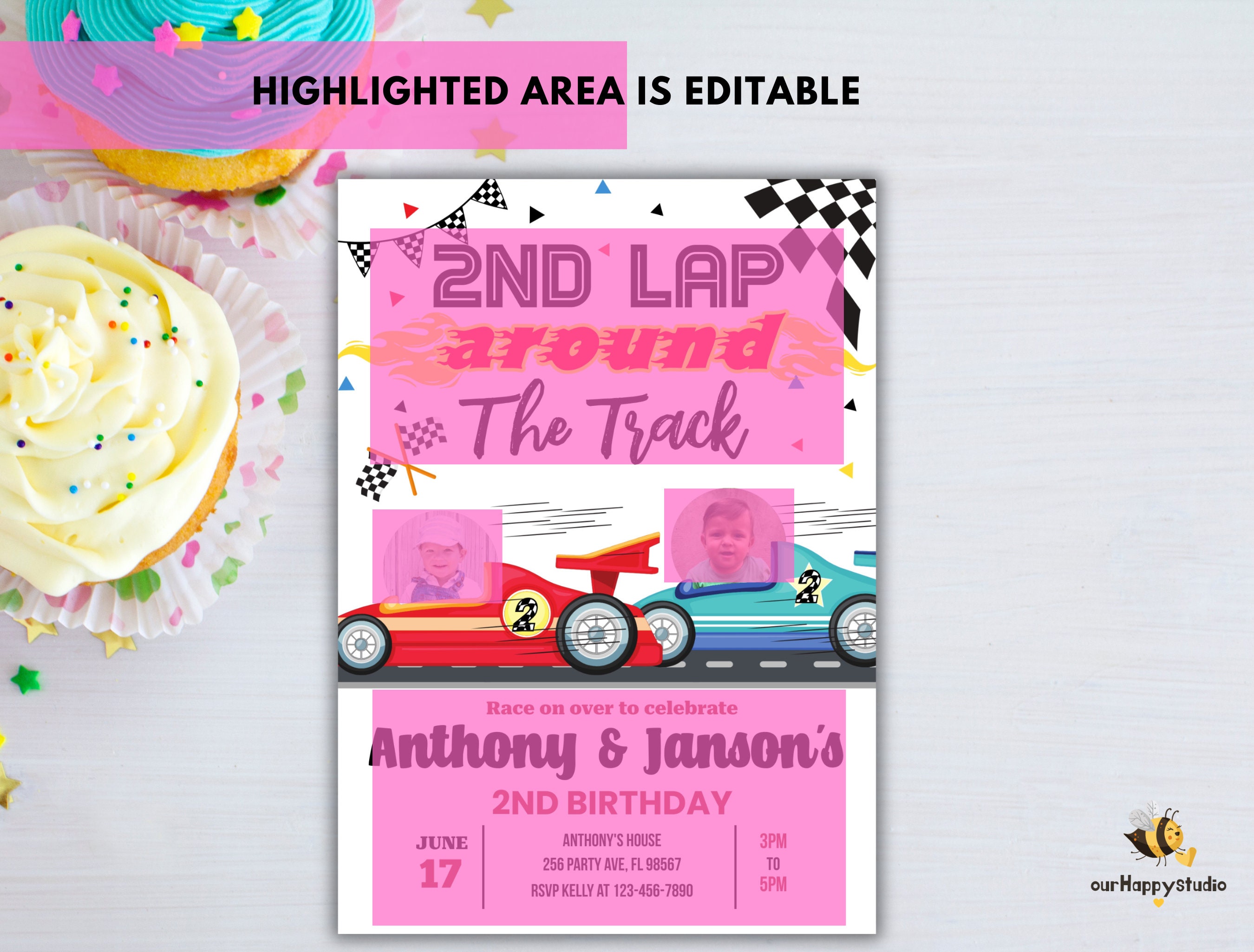Editable Two Fast Twins Invitation With Photo 2nd Lap Boy Car Racing ...