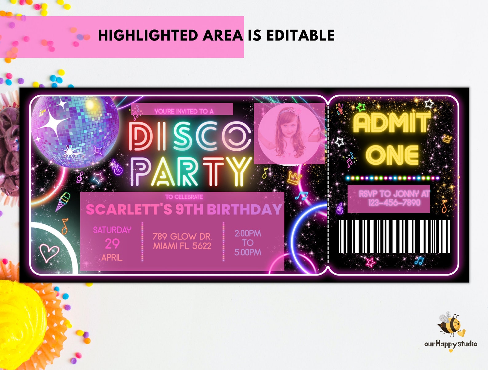 Editable Disco Party Birthday Invitation Ticket With Photo, Disco ...