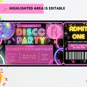Editable Disco Party Birthday Invitation Ticket With Photo, Disco ...