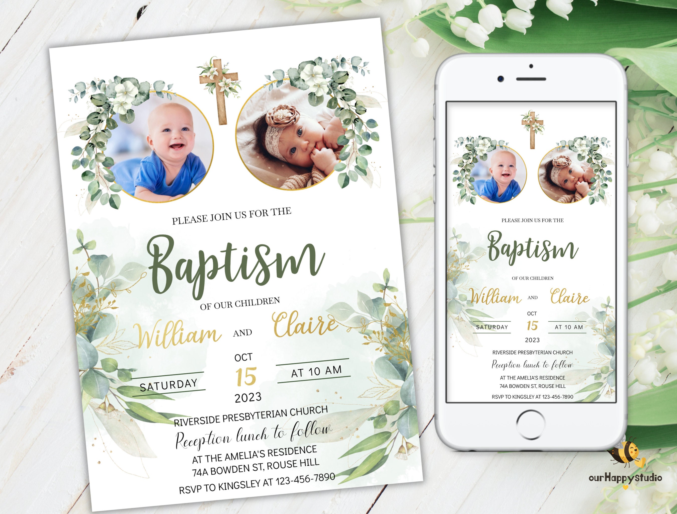 Editable Baptism Twins Invitation, Christening Twins Invite With Photo ...