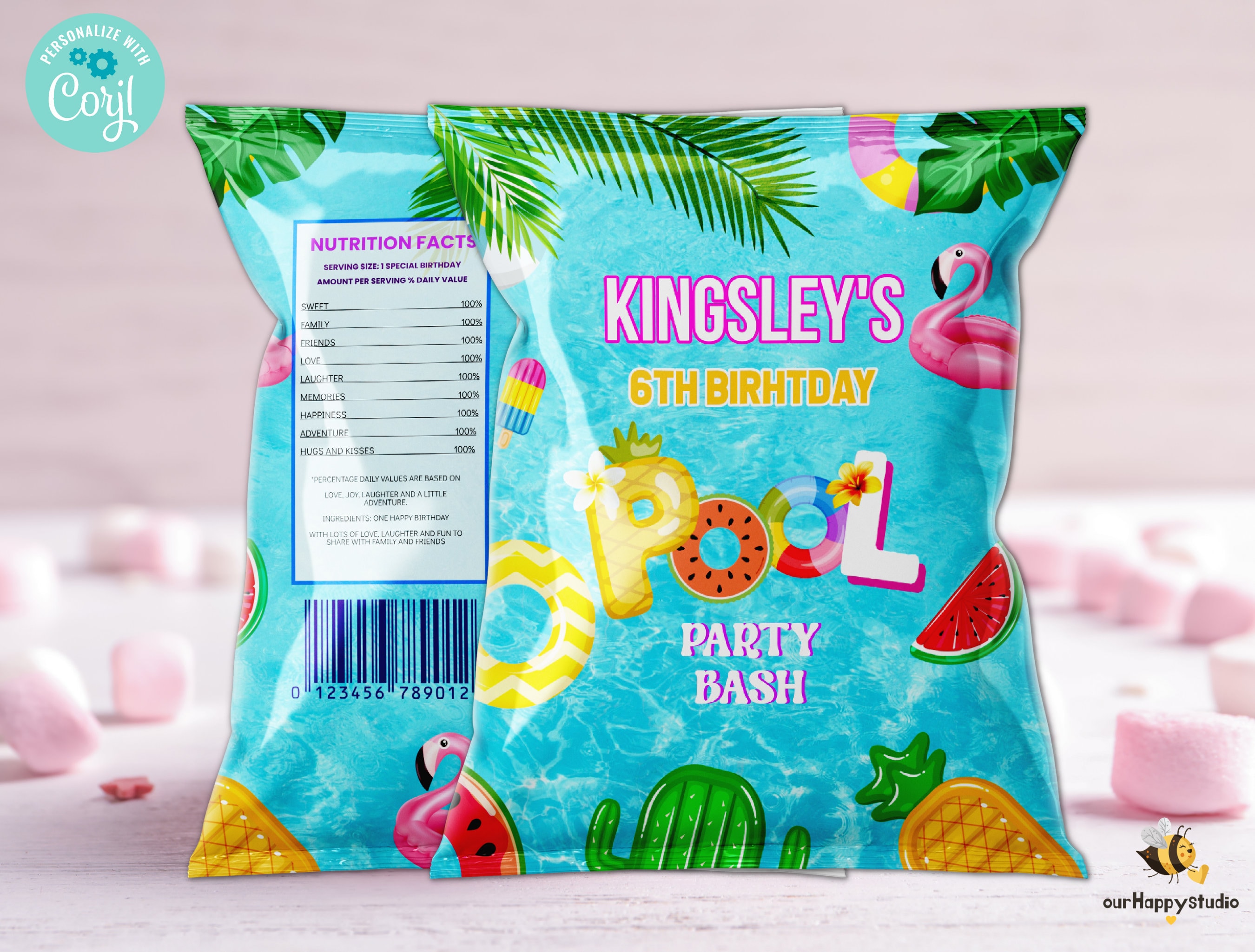 Editable Pool Party Chip Bag Wrapper Tropical Party Gender Neutral ...