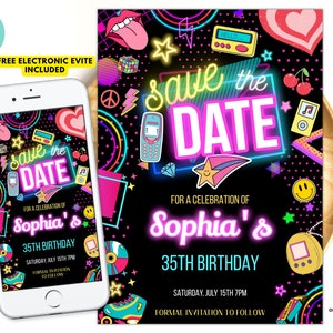 Editable Save the Date 90s Birthday Party Template Back to the 90s Neon ...