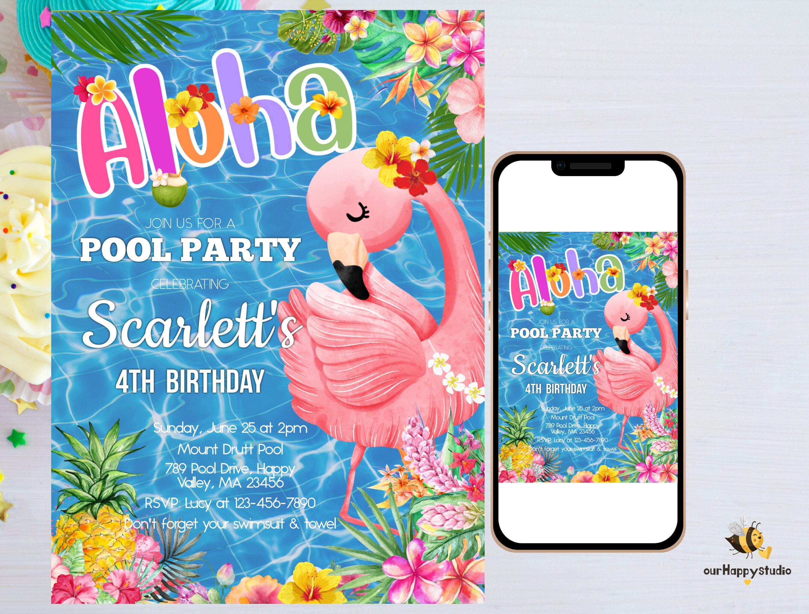 Editable Aloha Pool Party Invitation, Hawaiian Flamingo Birthday Invite ...