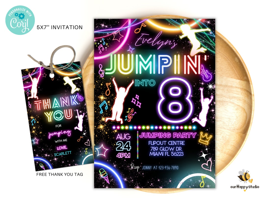 Editable Jump Party Birthday Invitation, Glow Trampoline Party Neutral ...