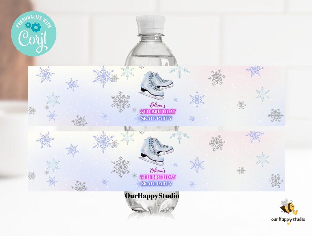 Editable Ice Skating Water Bottle Label, Skate Birthday Party Water ...