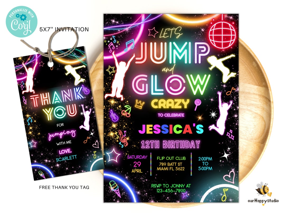 Editable Jump Party Birthday Invitation, Glow Trampoline Party Neutral ...