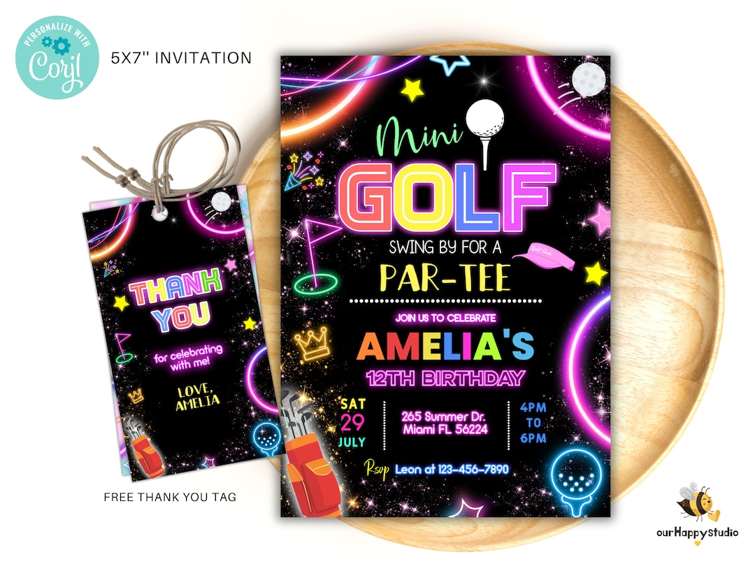 Editable Mini Golf Birthday Invitation Template Girl Golf Neon Sport ...