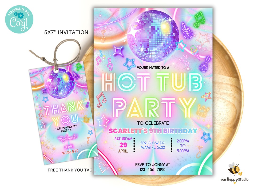 Editable Hot Tub Party Invitation, Glow Neon Disco Invite, Swim ...