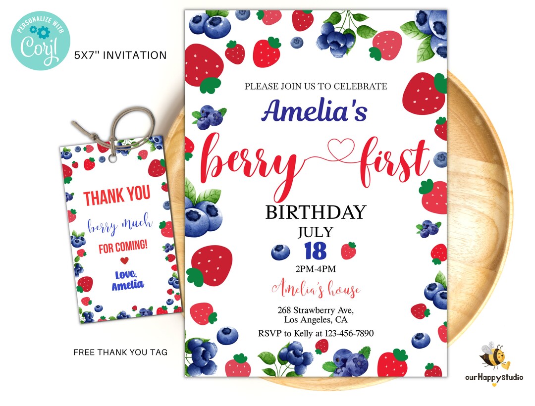 Editable Berry First Birthday Invite Template, Strawberry 1st Birthday ...