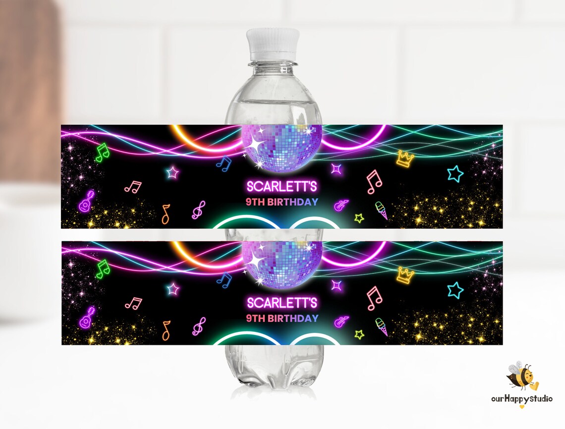 Editable Disco Water Bottle Label, Birthday Water Bottle Sticker, Dance ...