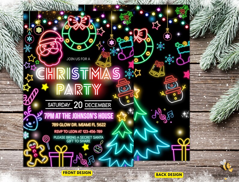 Editable Neon Christmas Party Invitation, Glow Christmas Party Invite ...