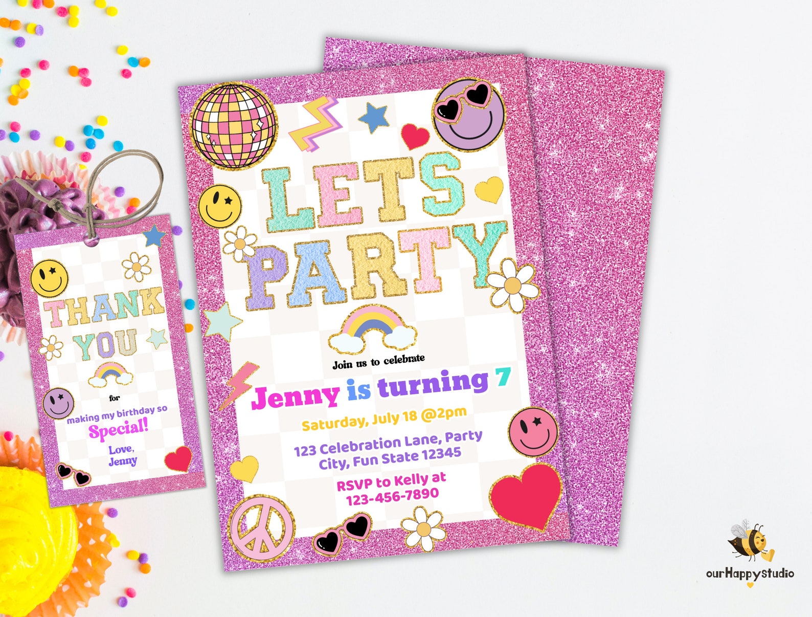 Editable Patch Letter Smiley Face Birthday Invite, Groovy Retro ...