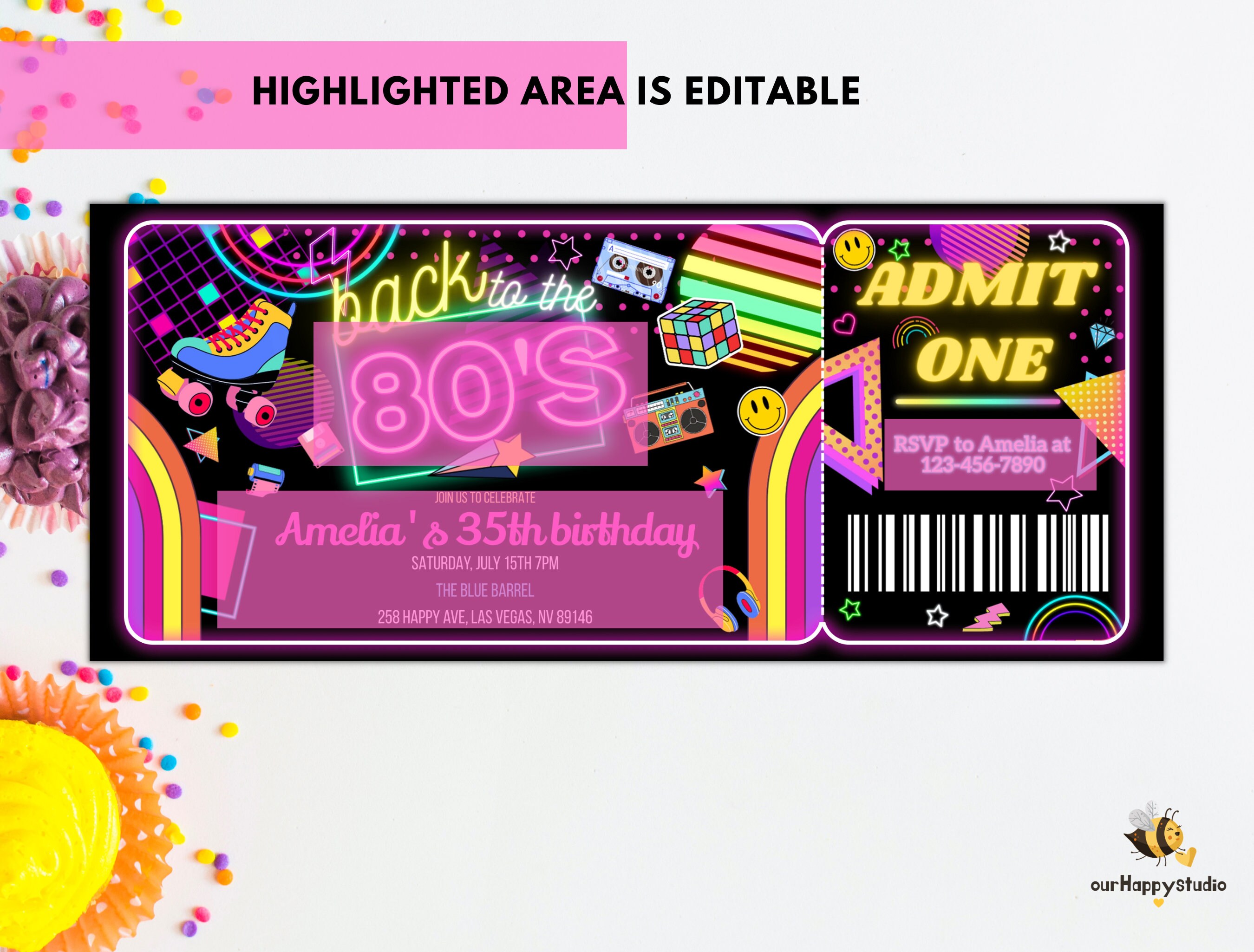 Editable 80s Birthday Party Invitation Ticket Back to the 80s Neon ...