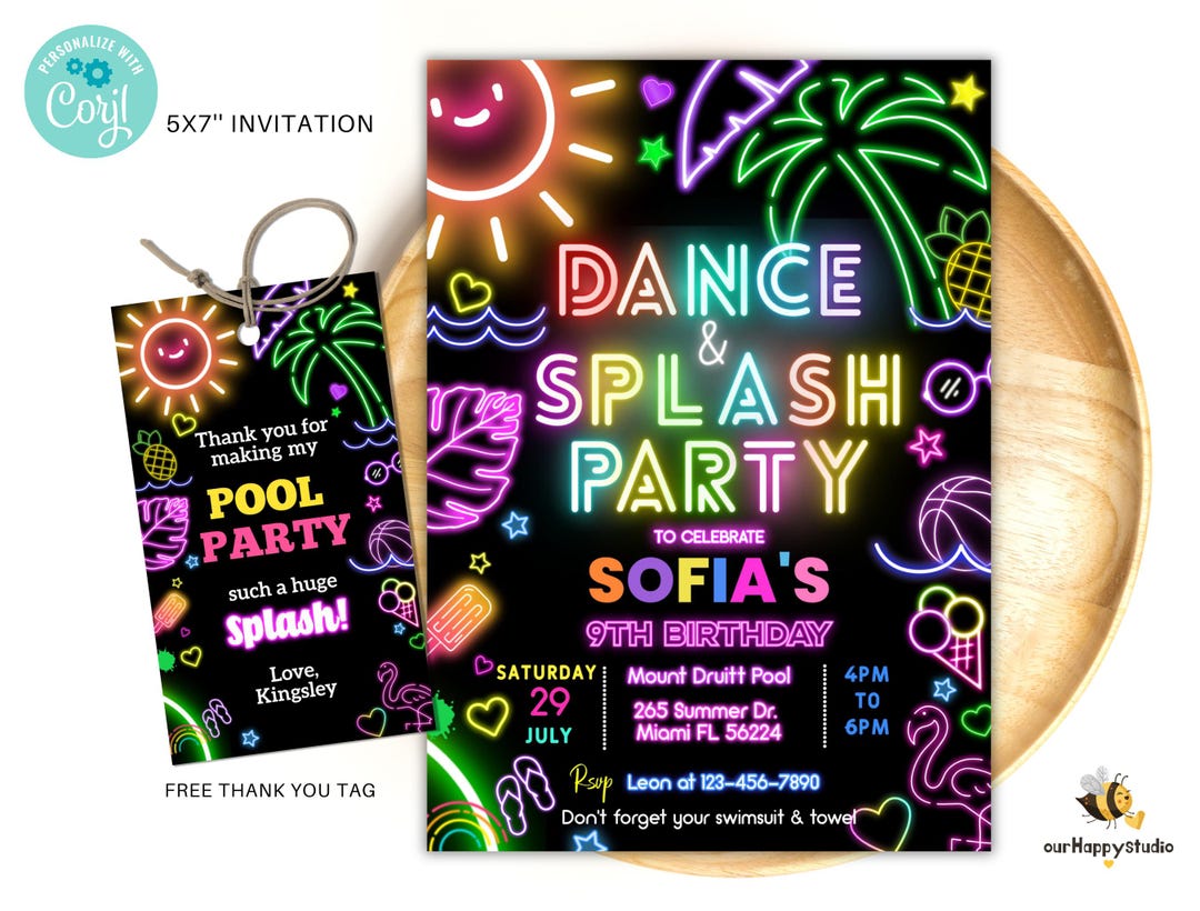 Editable Dance and Splash Party Invitation, Glow Pool Party Invite ...