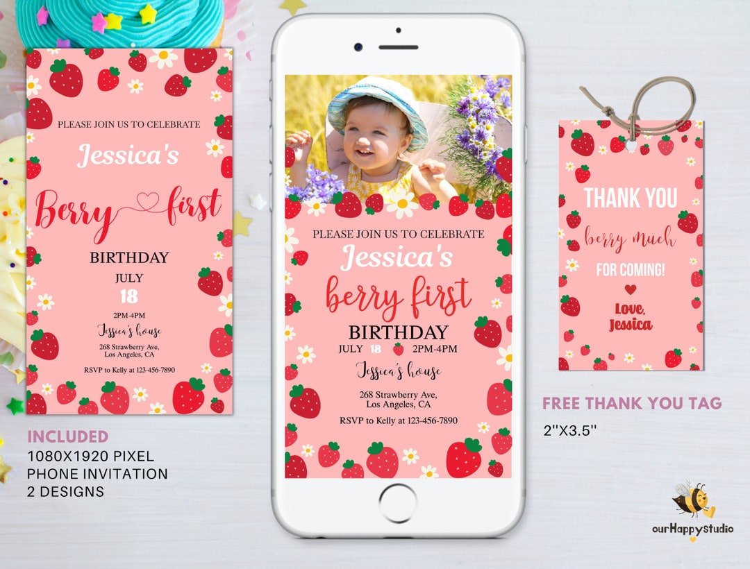 Editable Berry First Birthday Evite With Photo Template, Strawberry 1st ...